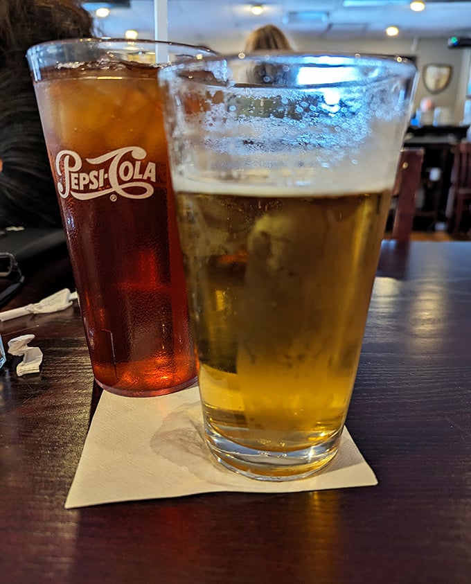 Cold beer and classic Pepsi—because sometimes the perfect beverage pairing is whatever makes you smile between bites.