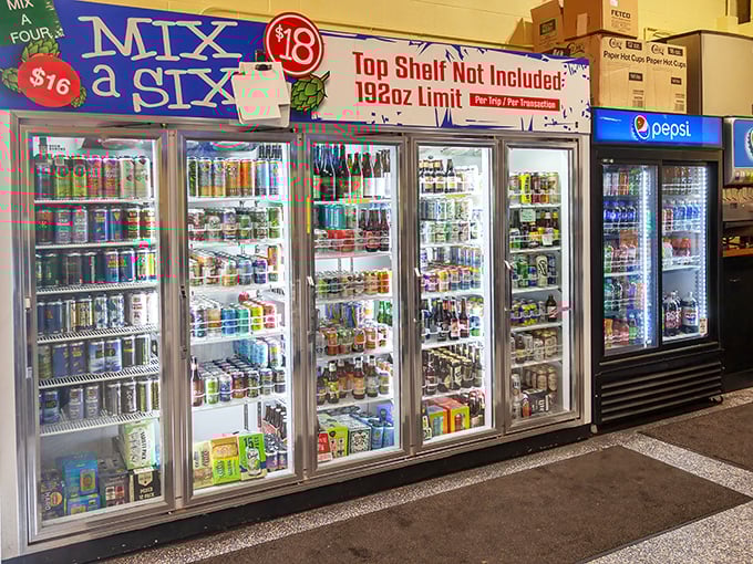 Beer heaven exists, and it's in refrigerated form. The "Mix a Six" wall lets you curate your own craft beer adventure to continue at home.