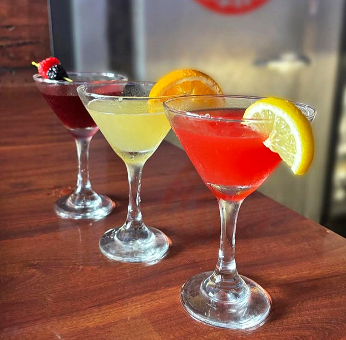 Cocktails lined up like colorful soldiers ready for duty. These aren't fancy mixologist creations—they're reliable friends after a long day.