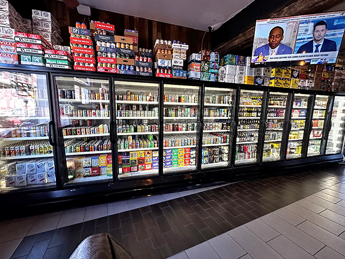 The beer cooler situation at Jaxx is serious business—a wall of possibilities that says "we understand priorities around here."