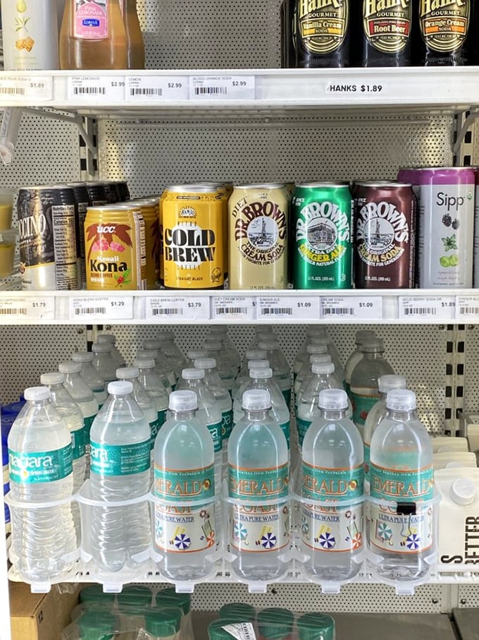 The beverage selection covers everything from artisanal sodas to cold brew coffee—because seafood shopping is thirsty work, folks.