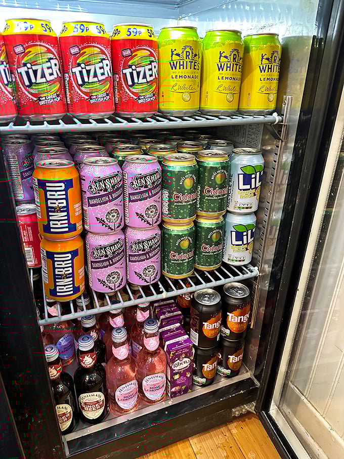 The drink cooler stocks proper British sodas—liquid nostalgia for expats and delicious curiosities for Americans brave enough to try Irn-Bru.