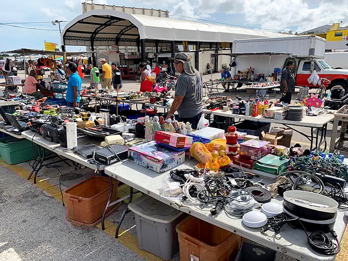 Organized chaos at its finest! Tables laden with gadgets, gizmos, and electrical what-nots await the patient bargain hunter.