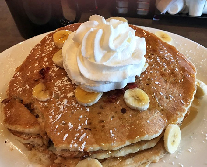 These banana pancakes topped with whipped cream could make Elvis himself say "Thank you, thank you very much" between every heavenly bite.