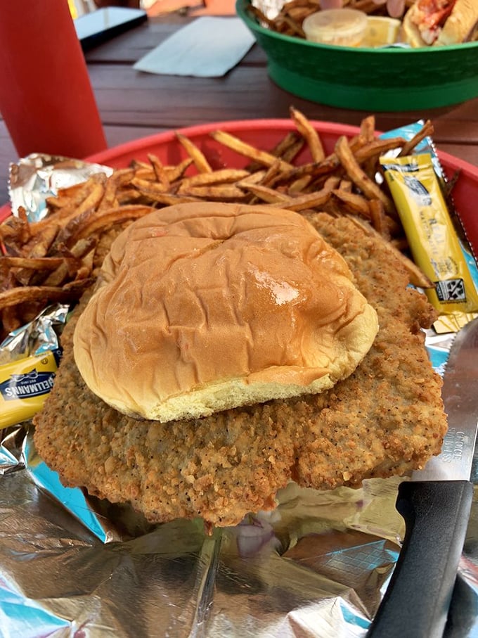This sandwich doesn't just hang over the plate—it establishes dominance. The golden-brown breading promises a crunch you'll hear in the next county.