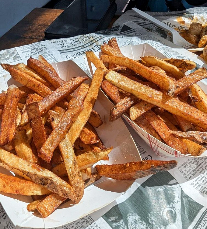 These golden fries aren't just a side dish—they're supporting actors deserving of their own standing ovation in the drama of your lunch experience.