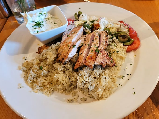 Greek chicken bringing Mediterranean vacation vibes to your Virginia morning—who says breakfast can't transport you somewhere special?