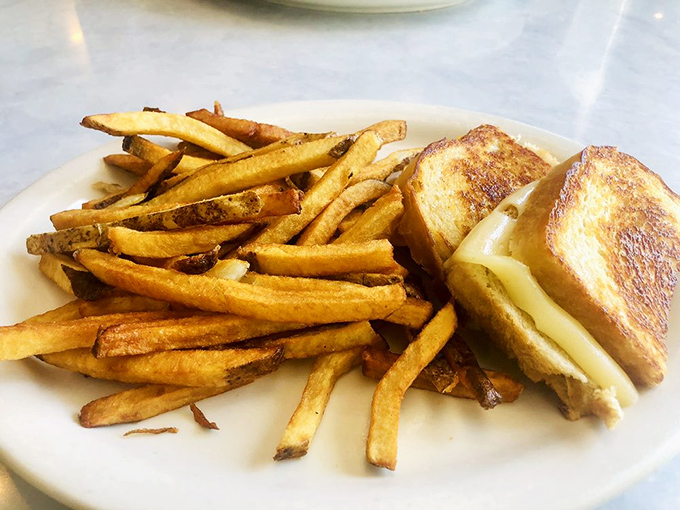 Grilled cheese perfection isn't complicated—just perfectly golden bread, melty cheese, and enough fries to make you forget you're an adult with responsibilities.