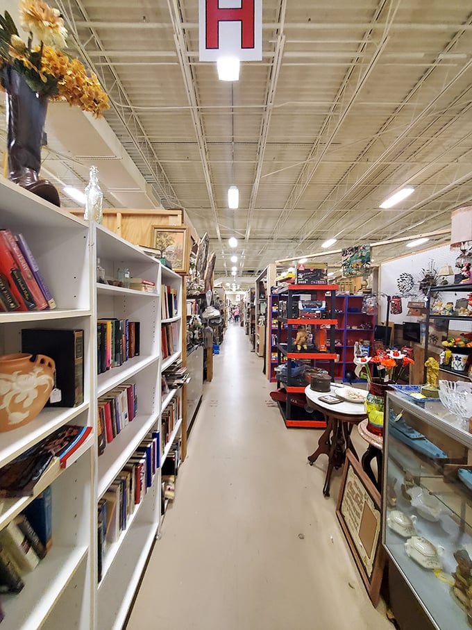 Books line the left while curios fill shelves on the right. This narrow passage is like walking through the pages of America's material history.