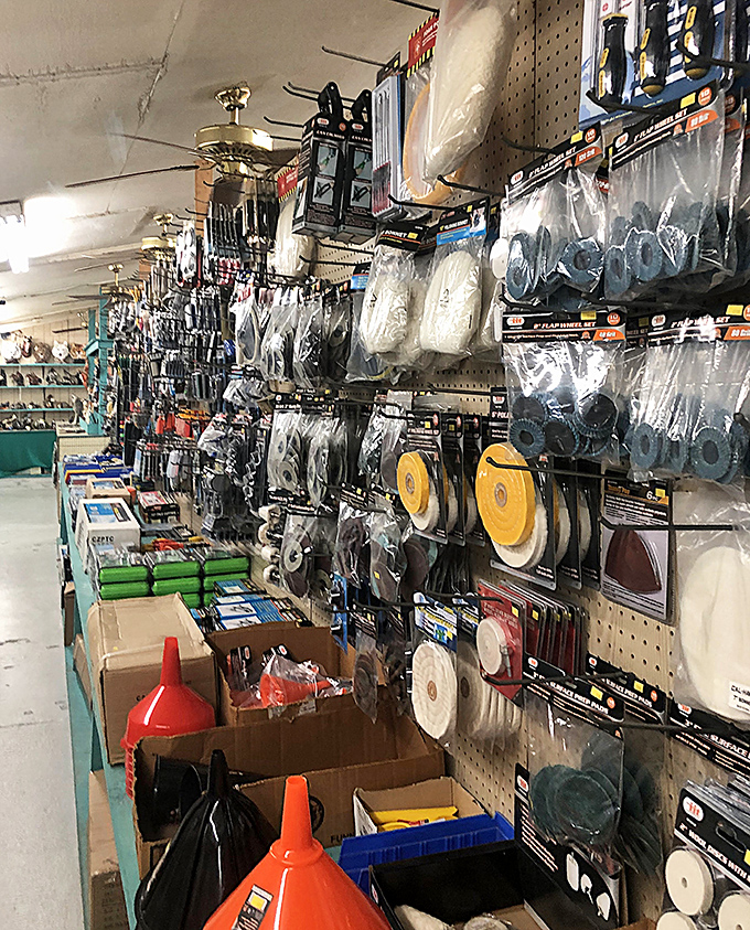 The hardware aisle: where DIY dreams and "I might need this someday" justifications live in perfect harmony. Those orange funnels are practically calling your name.