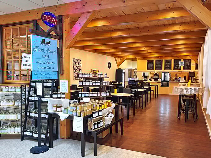 Warm wood, golden light, and jars of goodness lining the shelves. This café embodies the Shipshewana philosophy: simple ingredients transformed with time-honored care.
