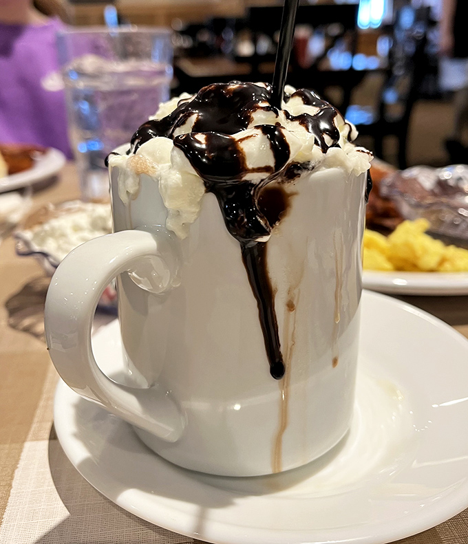 Hot chocolate that's dressed better than most people at formal events. The whipped cream and chocolate drizzle aren't garnishes—they're essential characters in this mug's delicious story.