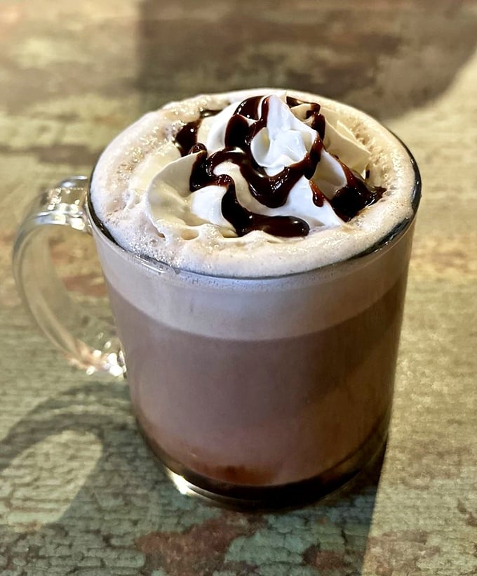 Not your average hot chocolate—this mug of liquid comfort topped with whipped cream and chocolate drizzle is basically dessert with a caffeine permit.