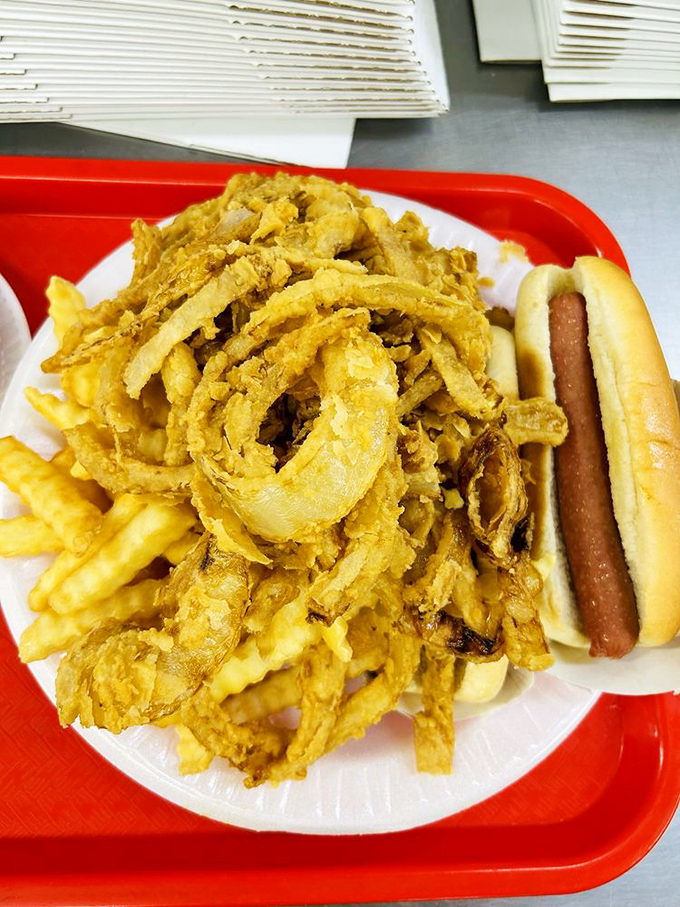 Hot dog architecture at its finest—the structural integrity of that bun holding up against an avalanche of crispy onion rings deserves an engineering award.