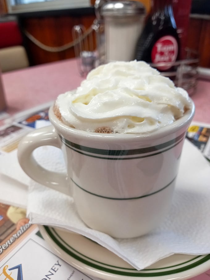 Whipped cream mountain atop coffee lake—this hot chocolate doesn't just warm your hands, it hugs your soul from the inside.