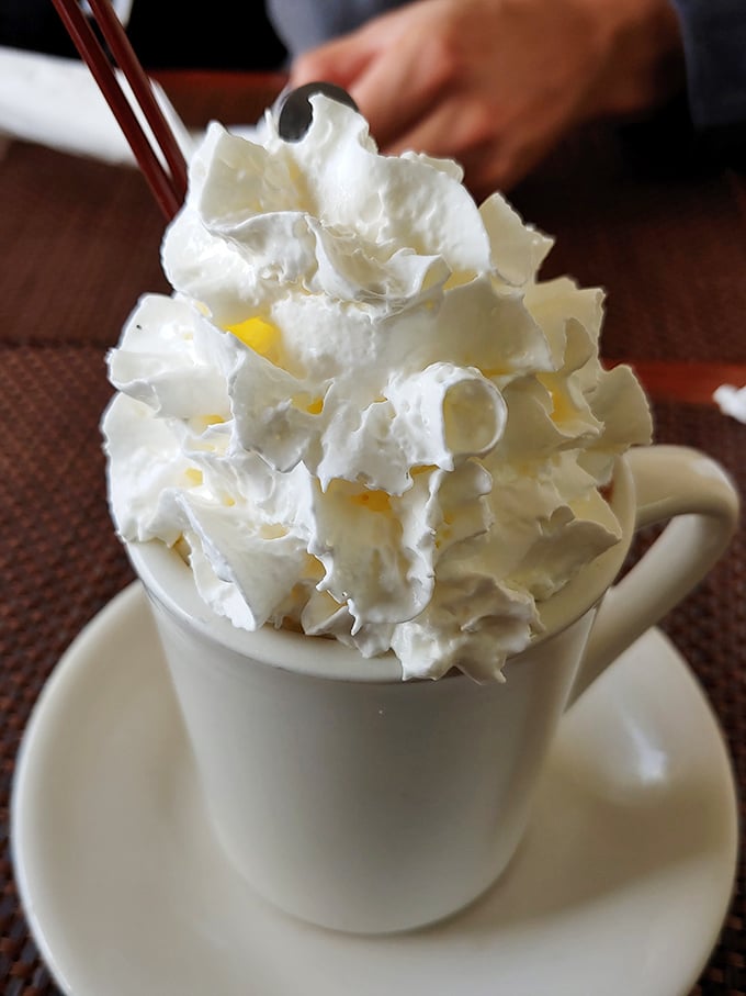 That's not just whipped cream—it's a cloud-like mountain of dairy bliss that transforms ordinary hot chocolate into a morning celebration.