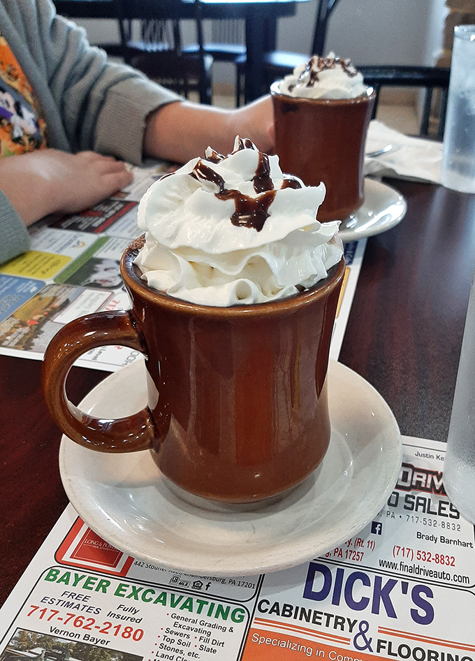 Hot chocolate that doesn't know when to quit, topped with a cloud of whipped cream on those classic brown diner mugs.