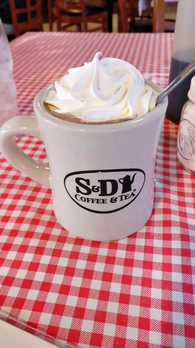 Hot chocolate that doesn't mess around—topped with a cloud of whipped cream in a mug that's seen decades of satisfied sippers.
