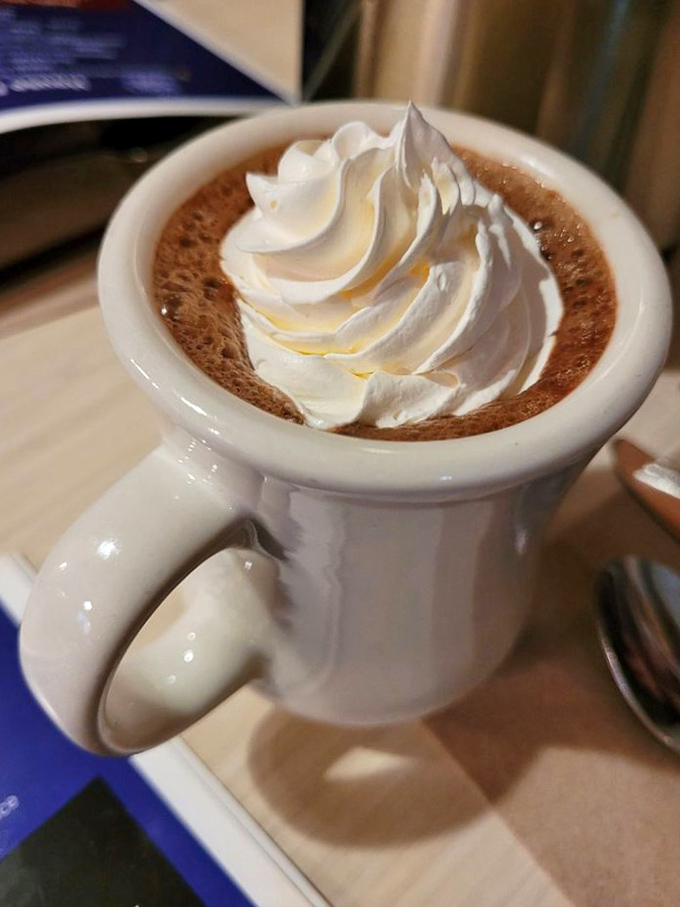 Hot chocolate that doesn't just warm your hands but hugs your soul – that whipped cream mountain isn't just decoration, it's necessary architecture.