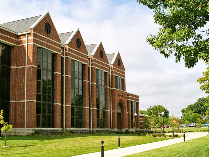 Huntington University's impressive brick architecture combines traditional academic gravitas with modern design elements—knowledge and progress literally set in stone.