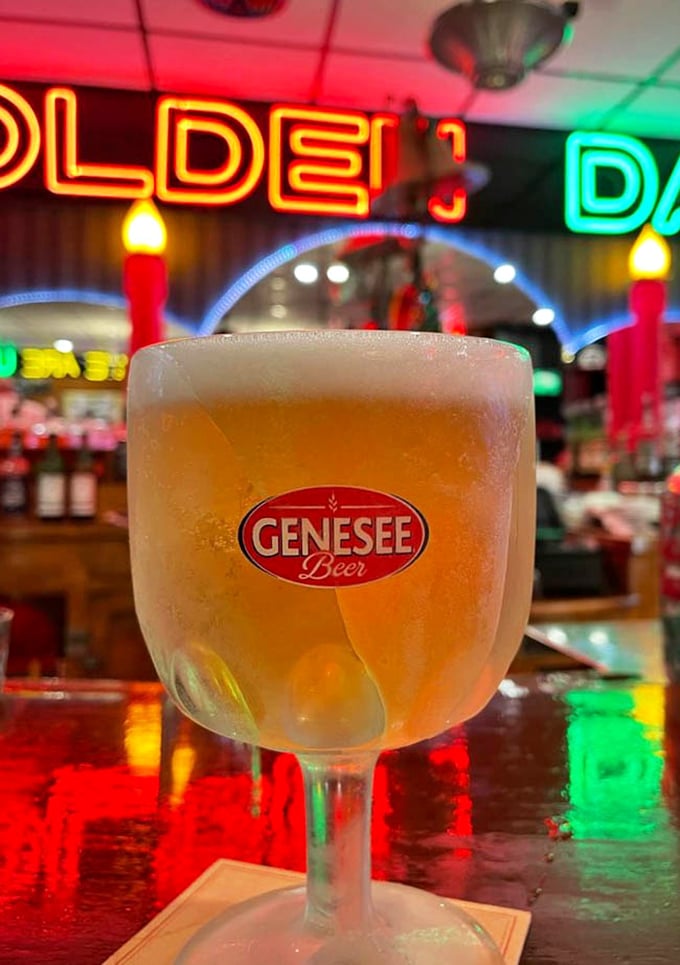 A frosty goblet of Genesee—the beer equivalent of a firm handshake from an old friend. The neon backdrop sets the perfect mood.