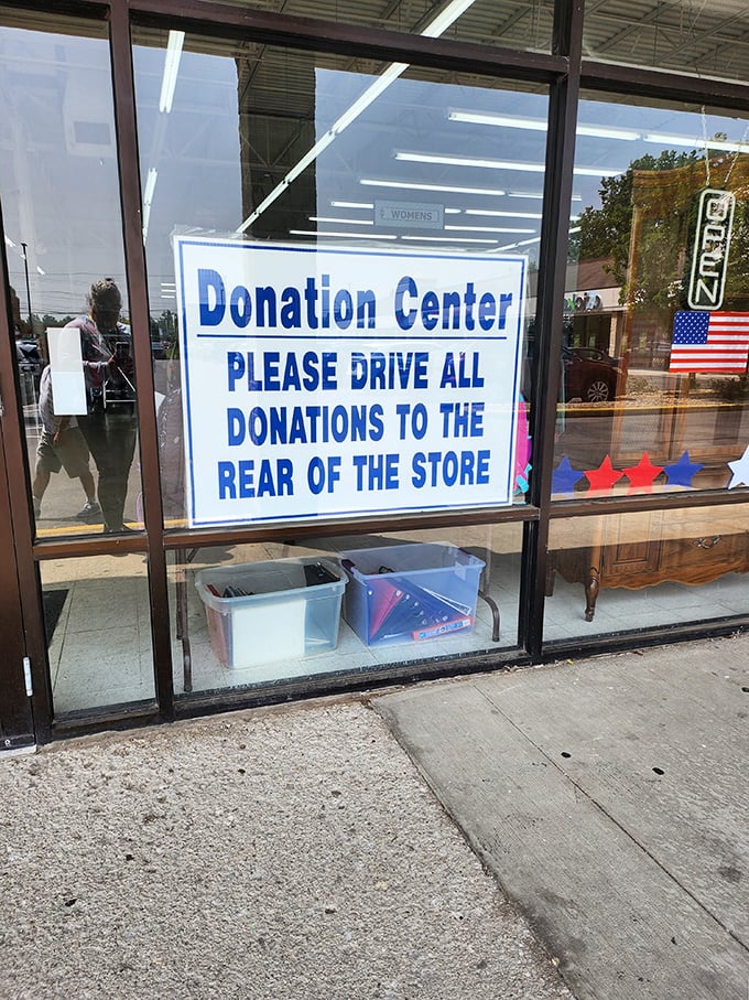 The donation center sign – where the circle of stuff begins. Every treasure inside once belonged to someone who decided it deserved a second chapter.
