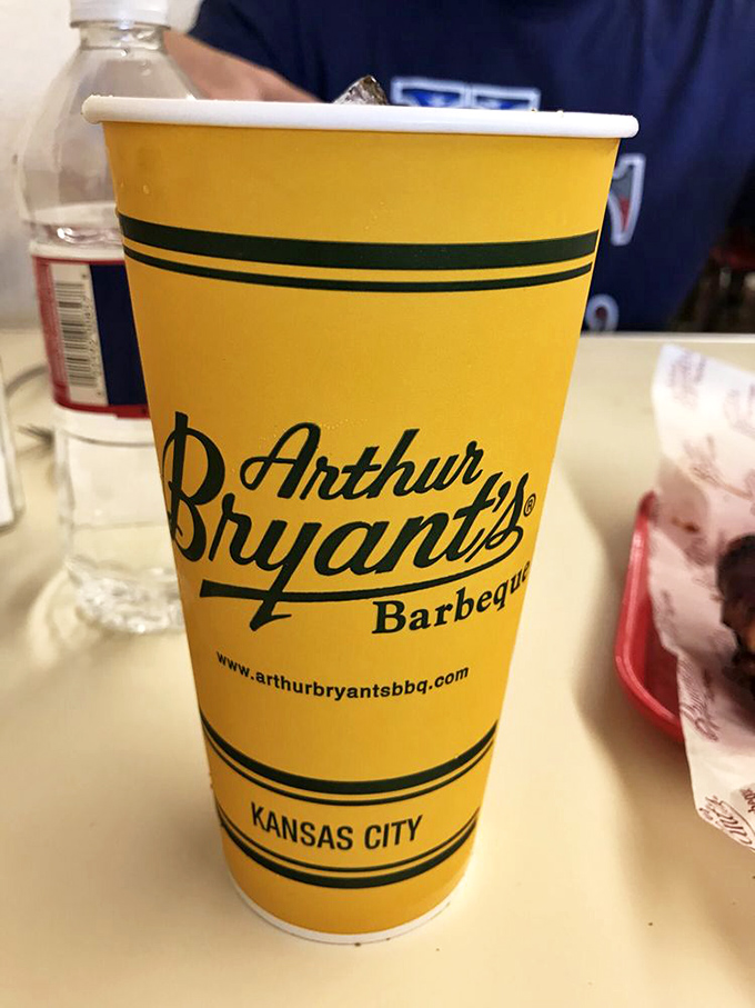 That yellow cup is like a beacon of hope in a sea of meat. Arthur Bryant's knows hydration is key when you're tackling serious barbecue.