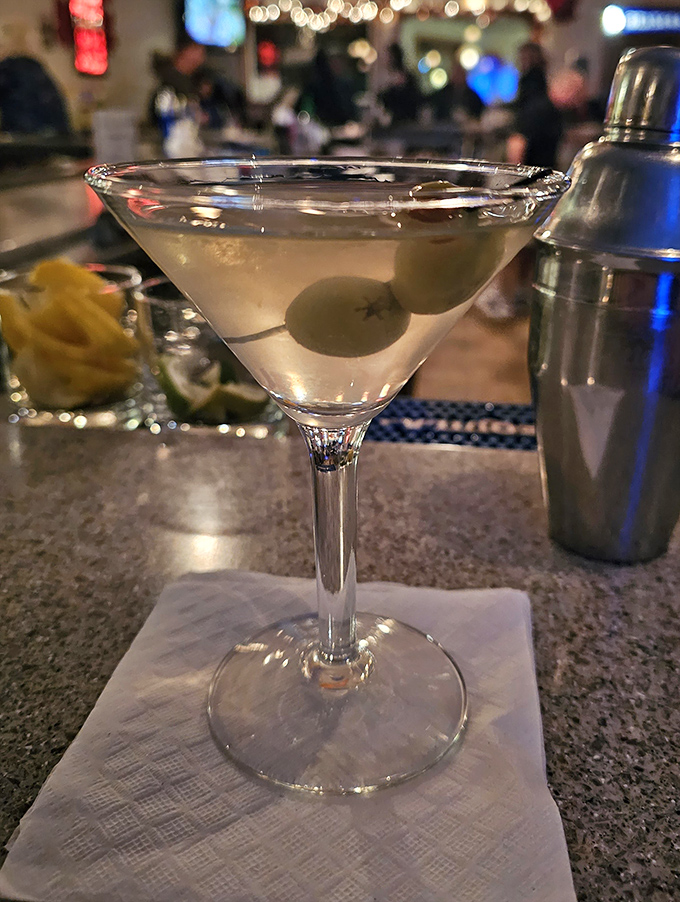 A properly made martini – cold as a Wisconsin January but infinitely more welcome. Three olives means it's practically a salad.