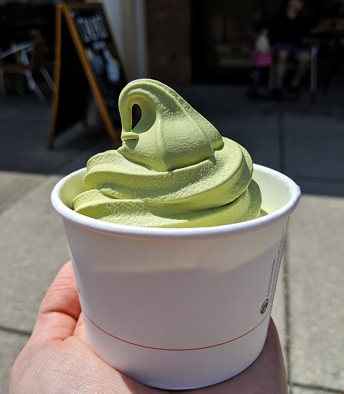 Matcha soft serve that spirals toward heaven like a green prayer. This isn't ice cream—it's a meditation on the perfect balance of bitter and sweet.