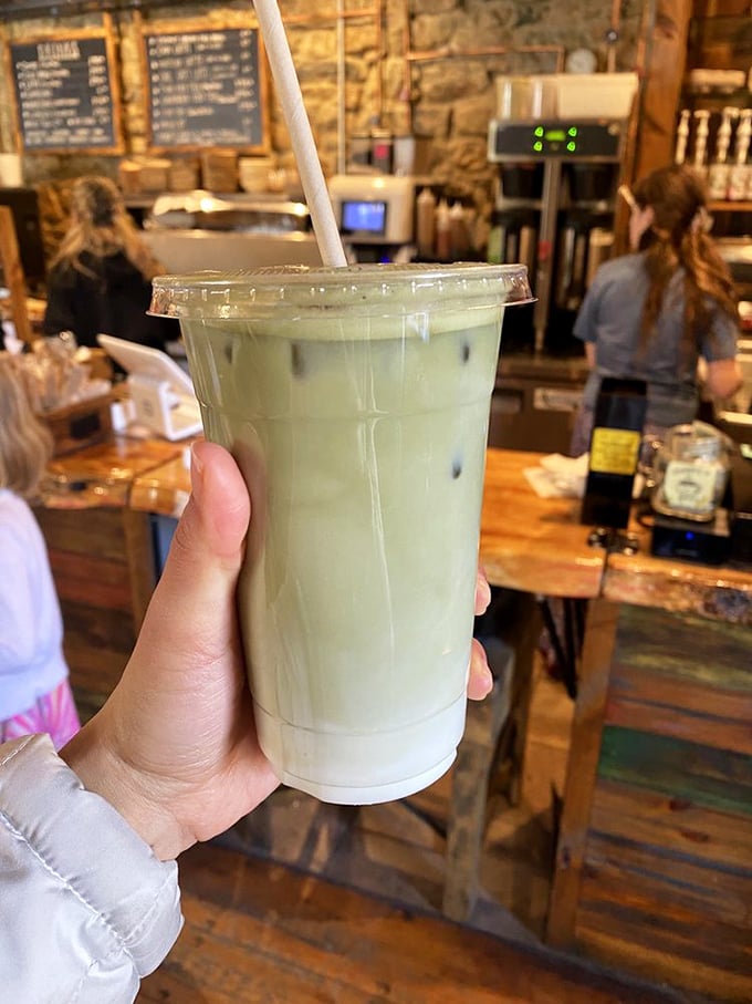 That matcha latte isn't just a beverage—it's a statement piece. The perfect companion for pastry adventures, floating through the bakery like a green flavor cloud.