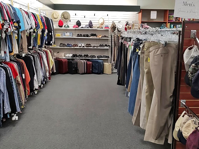 Men's clothing racks stretch endlessly, offering everything from casual comfort to boardroom-ready professional attire.