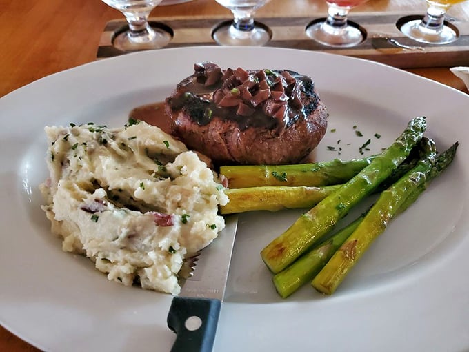 Steak that means business, paired with mashed potatoes that could make a grown adult cry. The asparagus is just showing off at this point.