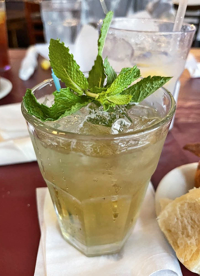 A proper mint julep, garnished with fresh mint – the South's answer to meditation, served in a glass with plenty of ice.