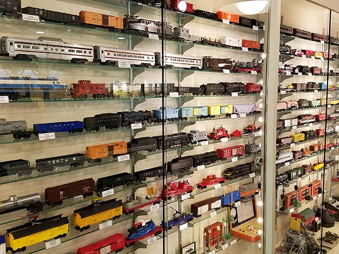 A rainbow of rolling stock lines these display cases—each car and locomotive a testament to America's love affair with the rails.