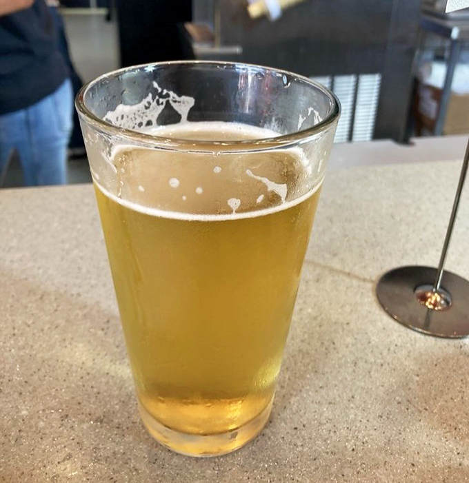 Nothing complements a slice like a cold one—this golden lager is the perfect supporting actor in the delicious drama unfolding on your table.