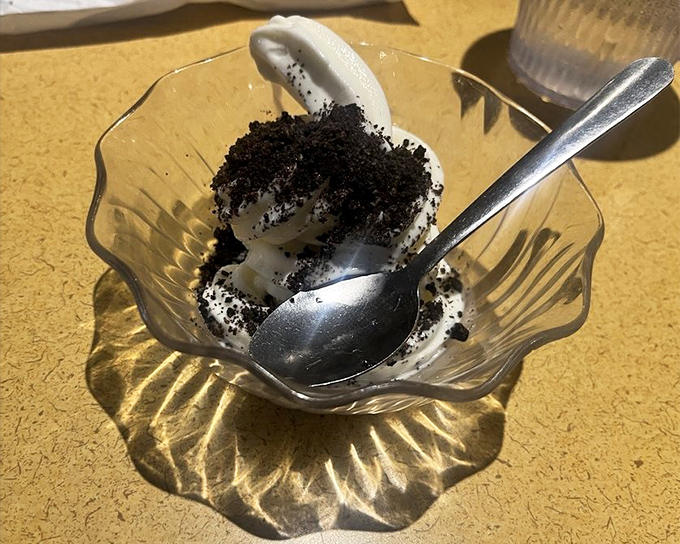Oreo ice cream in a glass dish—proof that sometimes the simplest desserts are the ones we fight our children for.