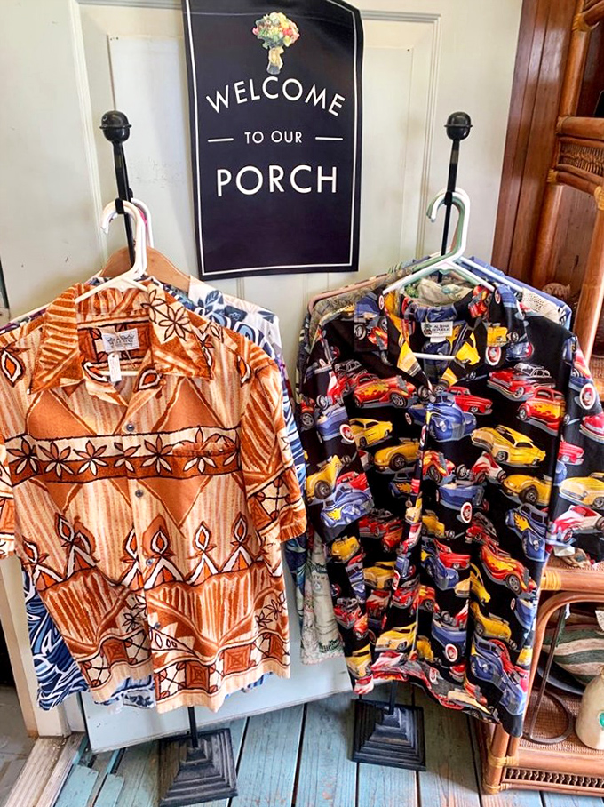 Hawaiian shirts and classic car prints—the unofficial California retirement uniform, hanging ready for your next backyard barbecue or car show.
