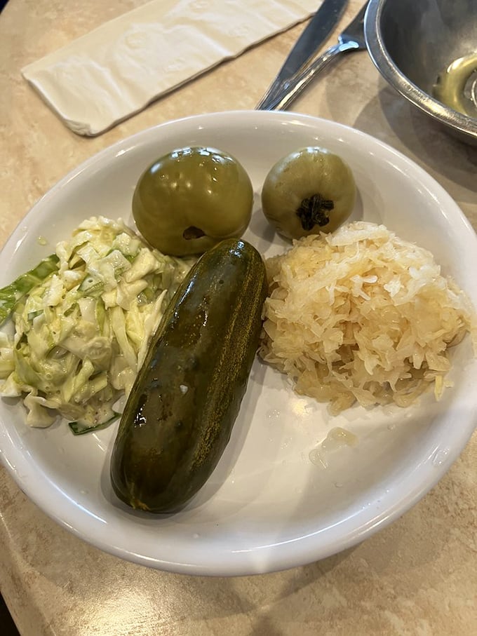 The pickle plate – nature's palate cleanser. Crisp, garlicky, and tangy enough to make your taste buds stand at attention.