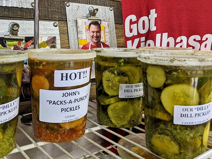 The pickle selection here isn't an afterthought—it's serious business, with each jar containing the perfect tangy counterpoint to all that savory sausage.
