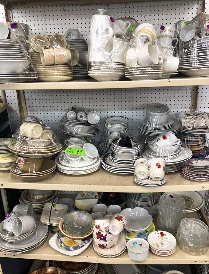 Dish sets that have seen countless family dinners now wait for new tables to grace. Someone's wedding registry reject could become your entertaining essential.