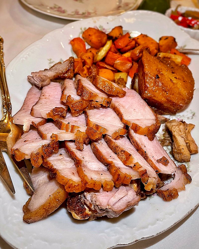 Perfectly roasted pork sliced thin, with a crackling edge that provides the soundtrack to happiness. Fall root vegetables complete the symphony.