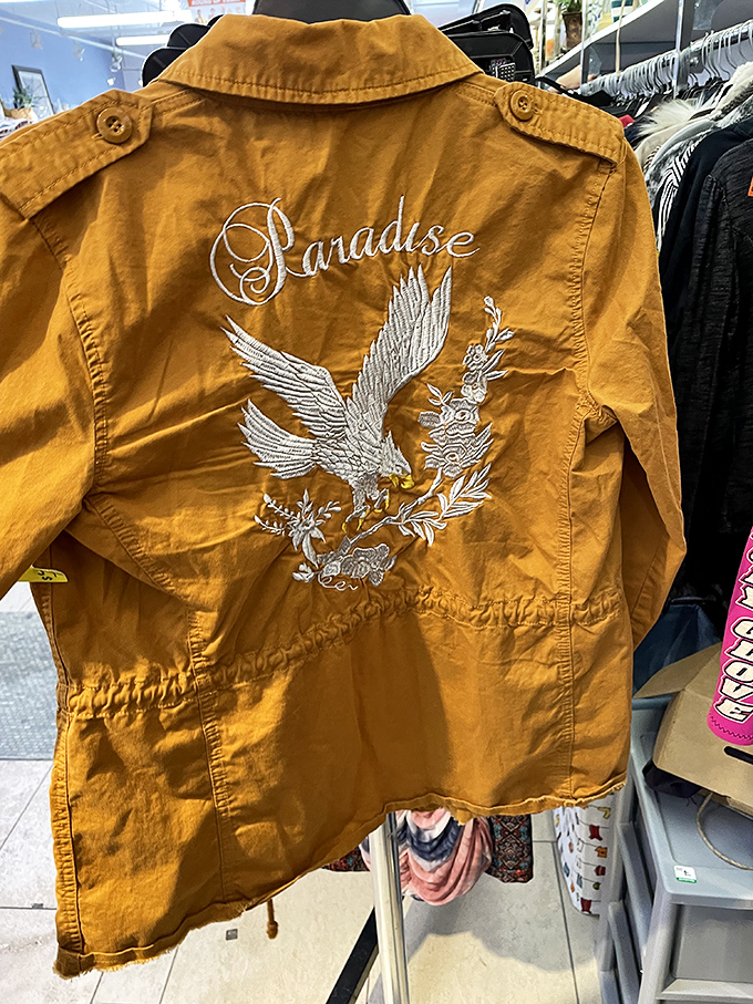 That mustard jacket with embroidered "Paradise" isn't just clothing – it's wearable art waiting for its next adventure.
