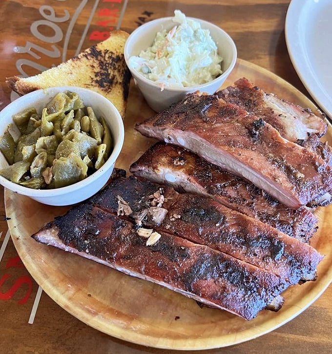 Ribs with the perfect bite resistance, green beans that didn't come from a can, and coleslaw that actually contributes to the meal.