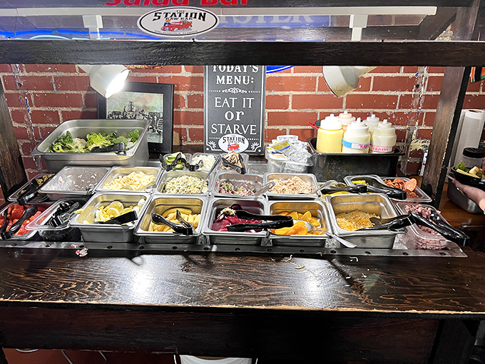 The salad bar sign might as well read "Today's Menu: Eat It Or Starve"—a refreshingly honest approach to dining options.