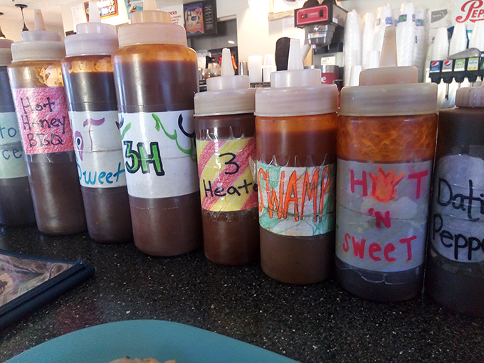 The sauce lineup—where "Swamp" and "HYYT 'n Sweet" aren't just clever names but personality profiles for your meat matchmaking needs.