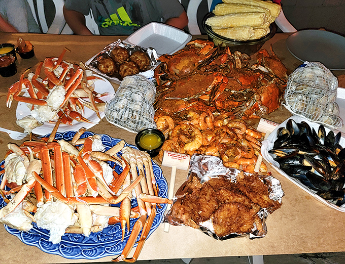 The seafood motherload! This spread would make Poseidon himself pull up a chair. Crabs, shrimp, mussels—a true Delaware feast.