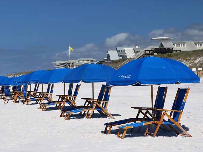 Those impossibly blue beach chairs against sugar-white sand create the quintessential Florida Panhandle scene – just add a good book and a cold drink for instant vacation nirvana.