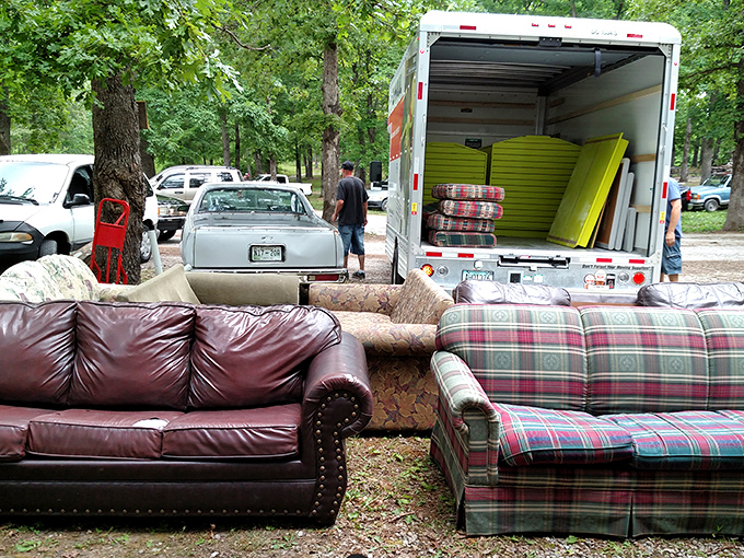 Furniture musical chairs – yesterday's living rooms parked in the sunshine, waiting for their second act in someone else's home story.
