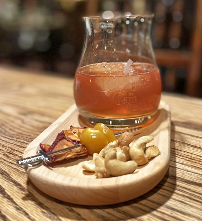 Even the cocktail garnishes here look like they mean business – no umbrella drinks in sight.