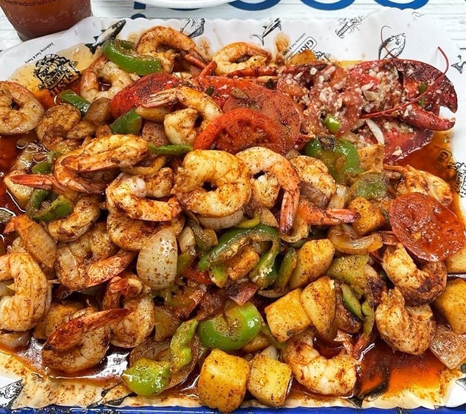The legendary shrimp tray—where potatoes, peppers, and perfectly seasoned shrimp throw the party of the century.